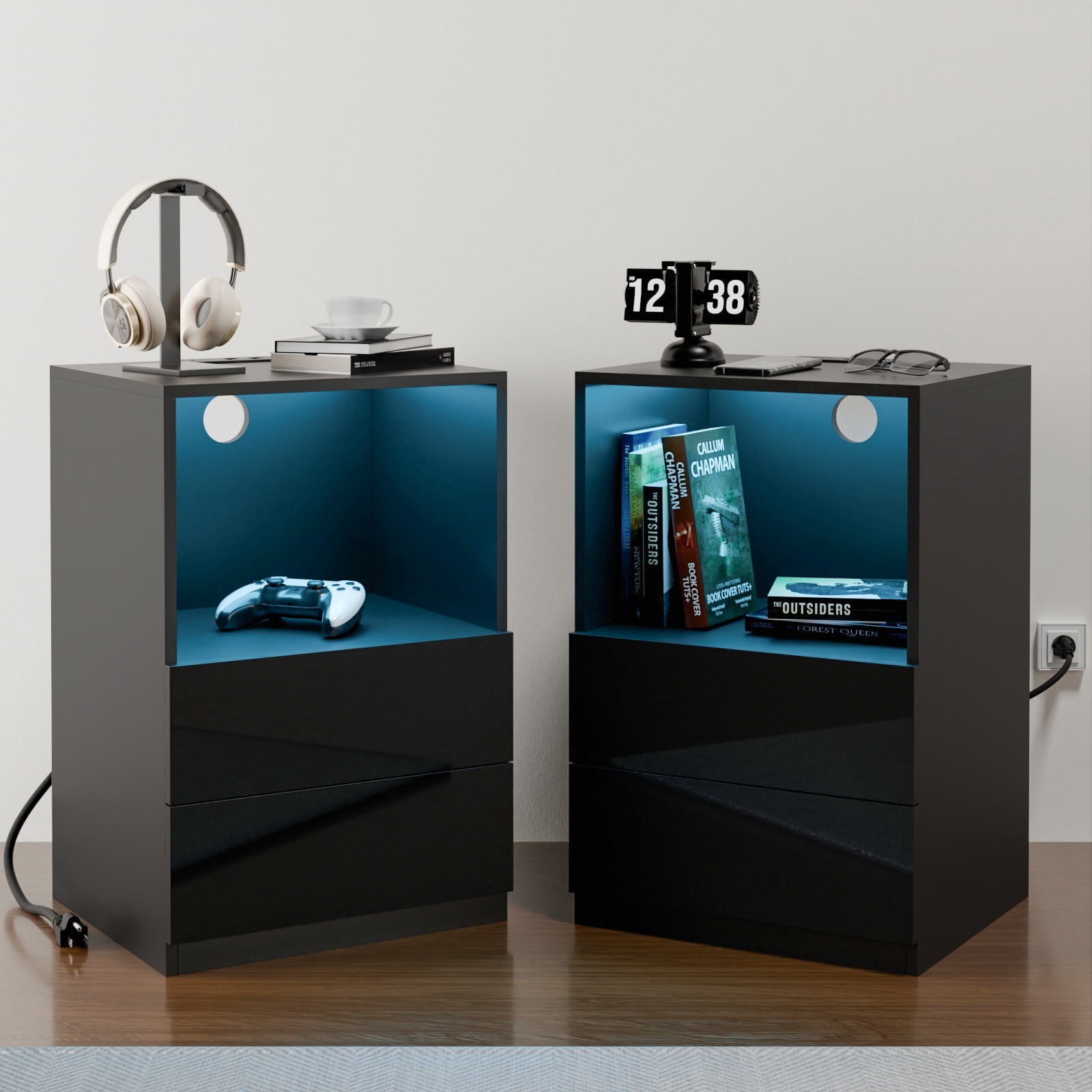 Hommpa 2-Drawer Nightstands (Set of 2), with USB Charging Station, LED ...