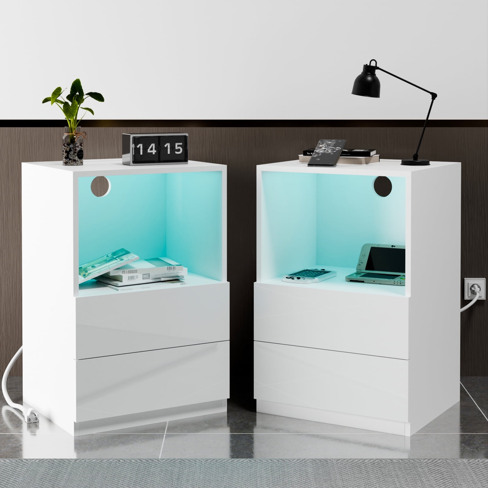 Hommpa Set of 2 LED Nightstands with Drawers, Charging Station, USB ...