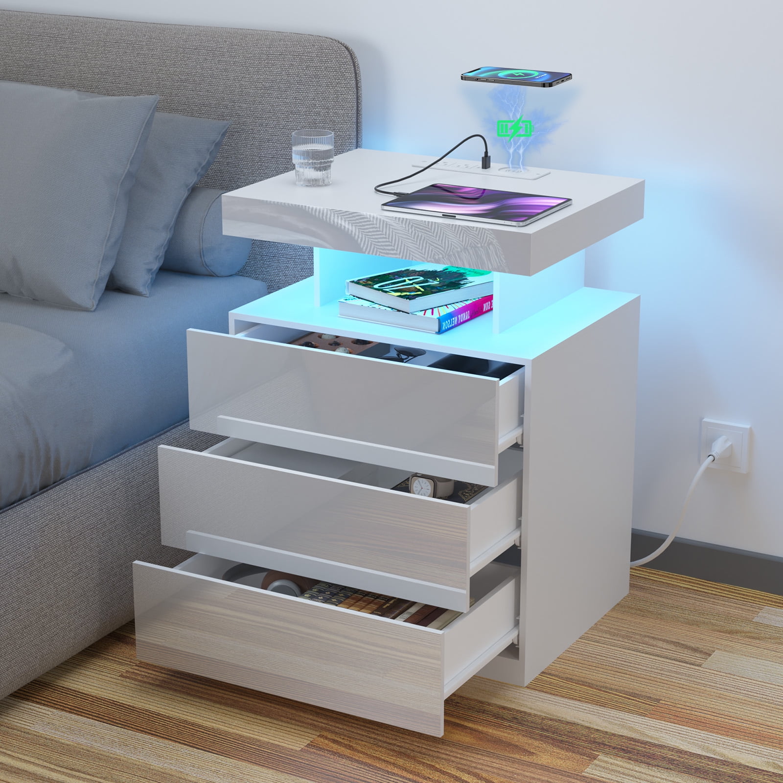 Hommpa Nightstand with Wireless Charging USB Port Type C Outlets Modern ...