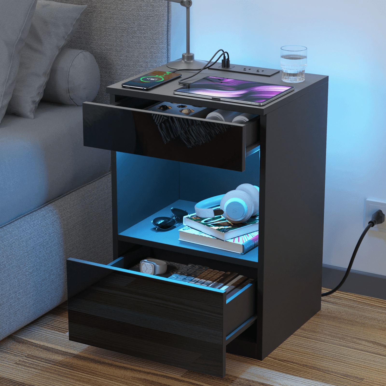 Hommpa Modern Nightstand with USB Outlets Charging Station High Gloss ...