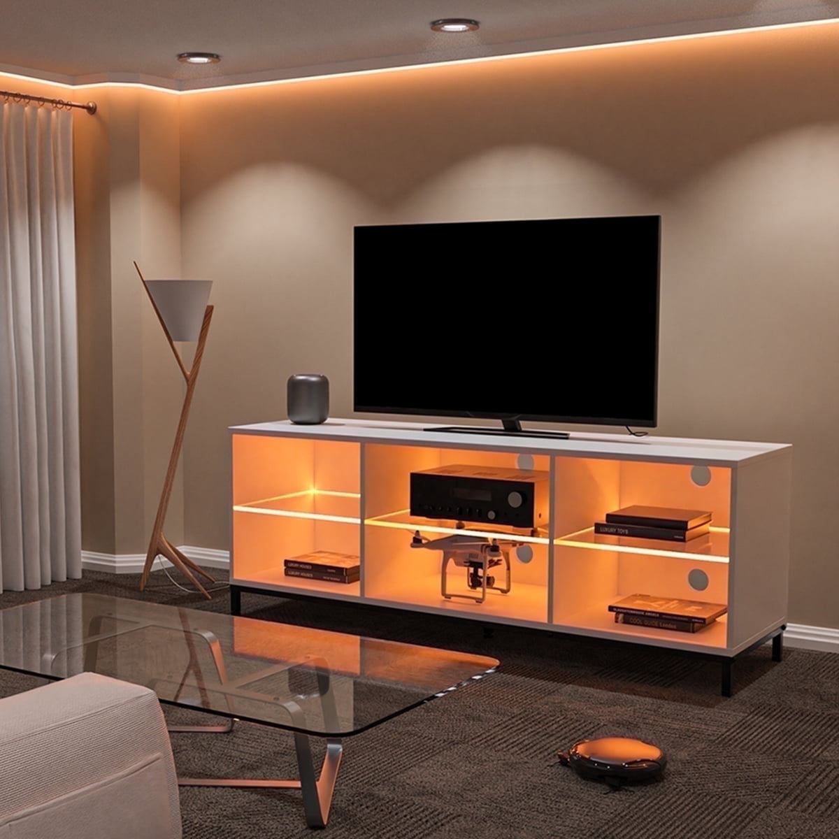 Hommpa TV Stand for 65" TV White Modern Entertainment Center with LED ...