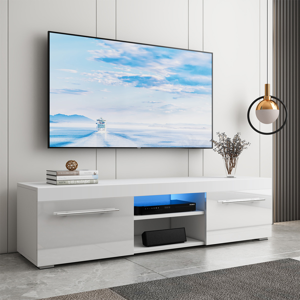 Modern 78.7" / 200 cm Wide TV Stand White Cabinet with Lights, for up ...