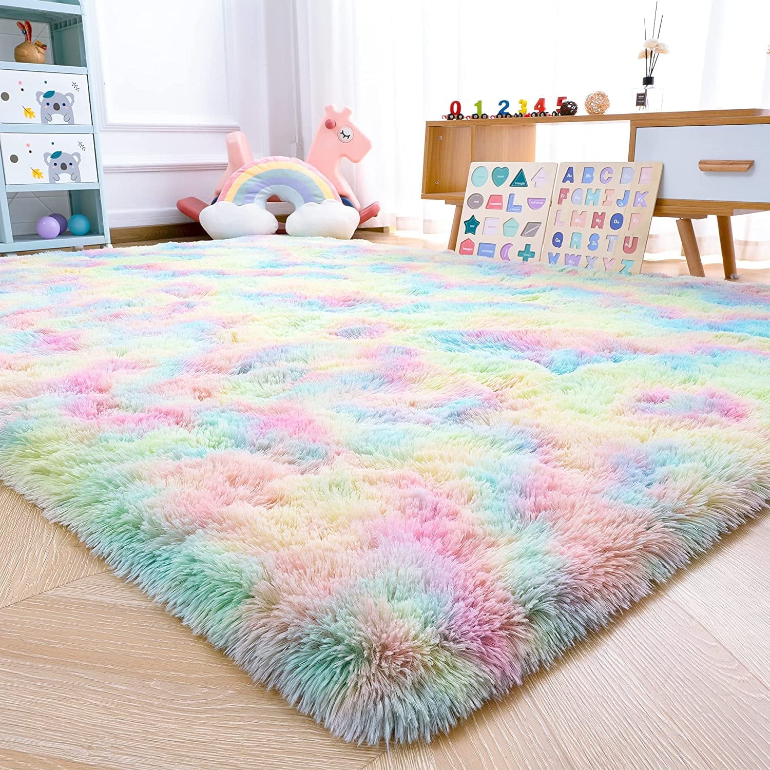 Homore Cute Fluffy Rainbow Area Rugs for Girls Room, Soft Shaggy ...