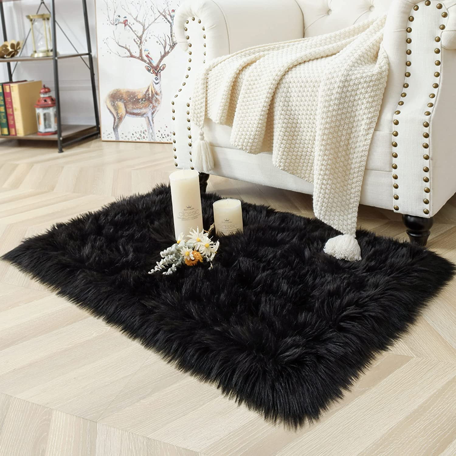 Homore Modern Soft Faux Bedroom Carpet, Outdoor Rugs, 2' x 4' , Black ...