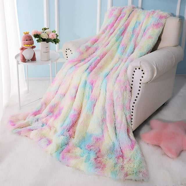 Homore Soft Fluffy Rainbow Cozy Warm Fleece Plush Throw Blanket for ...