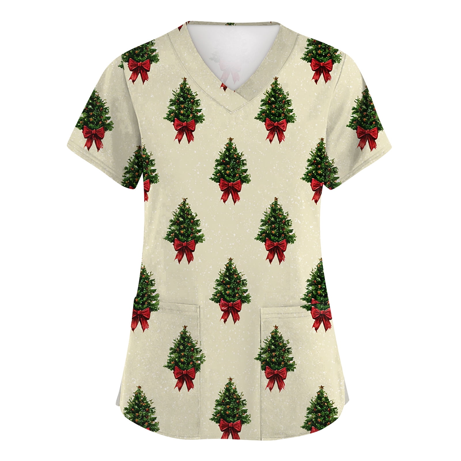 Homozy Christmas Tree Printed Womens Plus Size Scrub Tops Short Sleeve ...