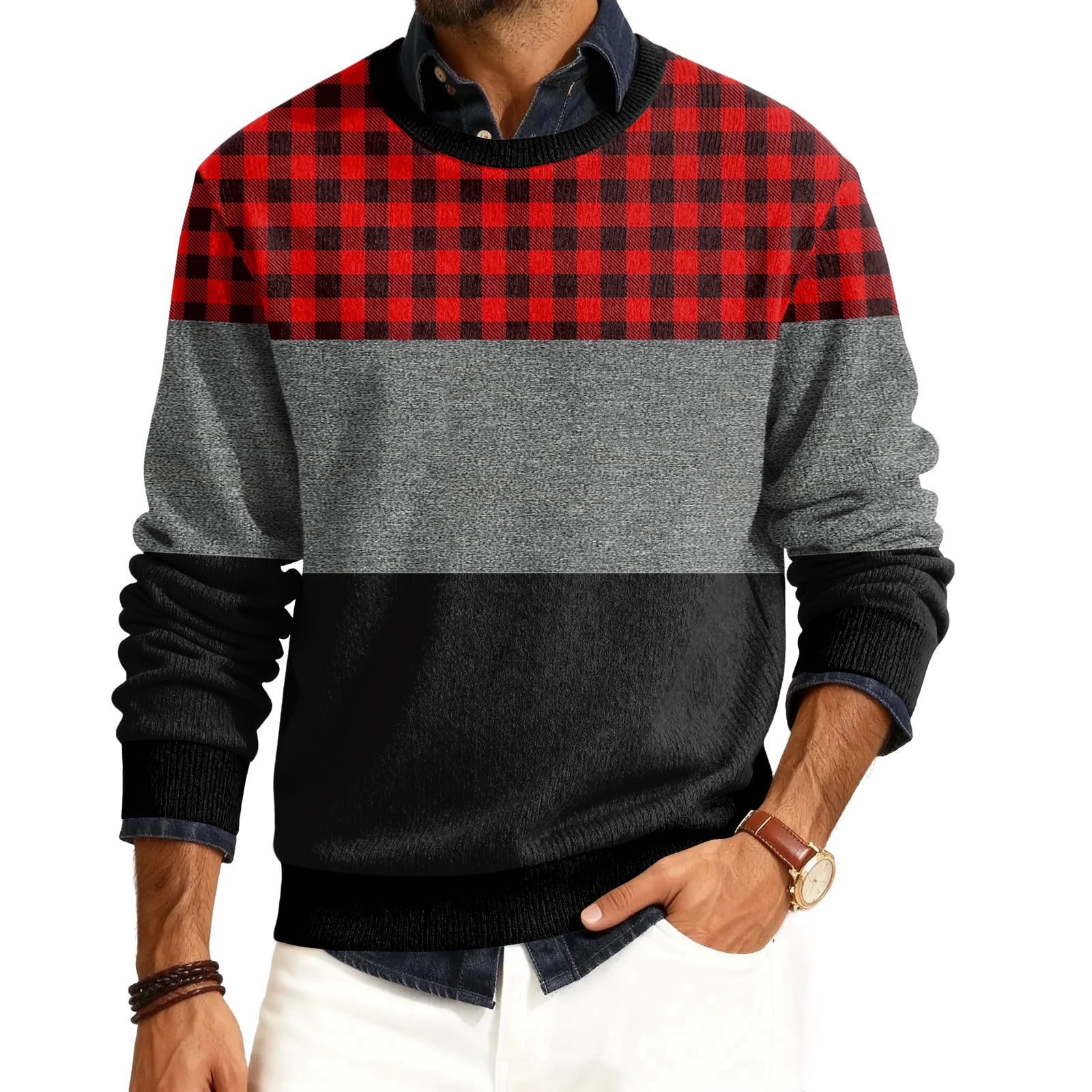 Homozy Color Block Long Sleeve Sweater Men Long Sleeve Crew Neck Knit ...
