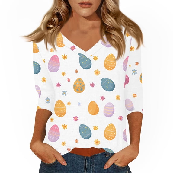 Homozy Easter Bunny Shirt 3/4 Sleeve Blouses for Women Cute Rabbit ...