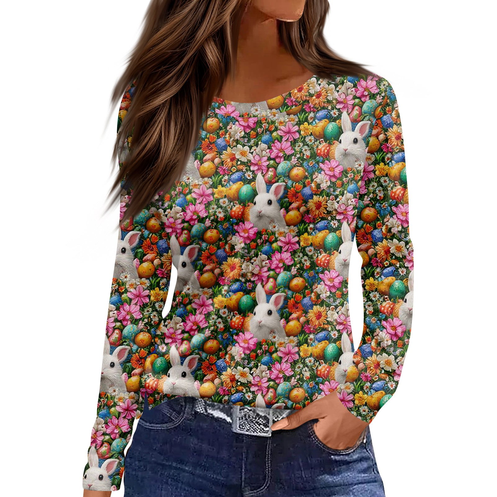 Homozy Easter Womens Long Sleeve Shirt Rabbit Eggs Print Crew Neck ...