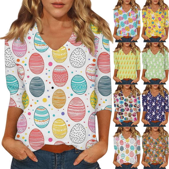 Homozy Easter Womens Tops 3/4 Length Sleeves Funny Egg Graphic Women's ...
