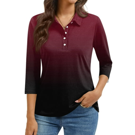 Homozy Gradient Women 3/4 Sleeve Tops V Neck Collared Womens Henley ...