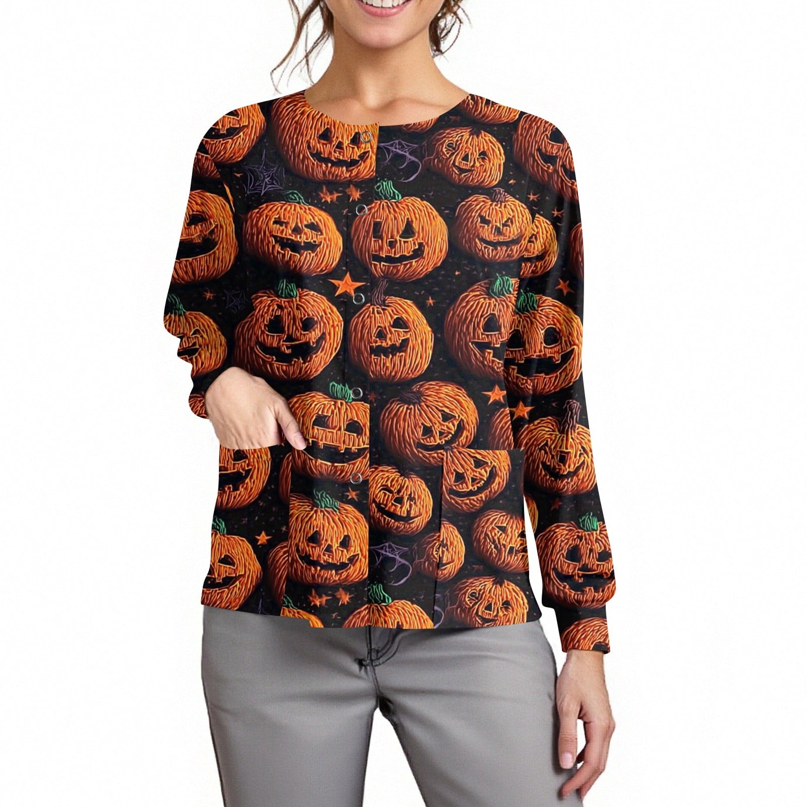 Homozy Halloween Pumpkin Scrub Jackets Woman Long Sleeve Button Down ...