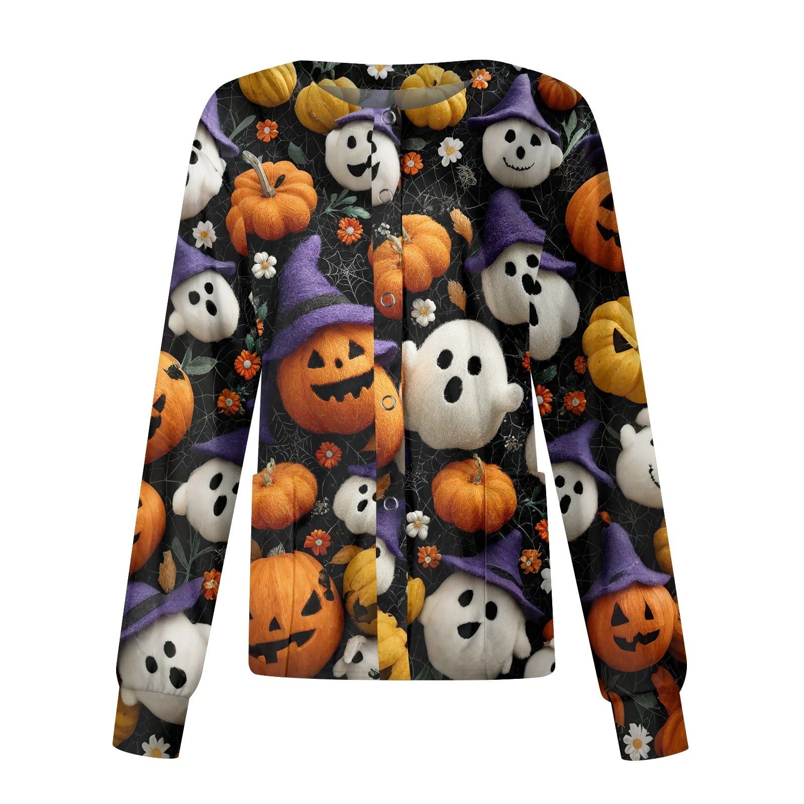 Homozy Halloween Scrub Jackets for Woman Snap Front Long Sleeve Scrub ...