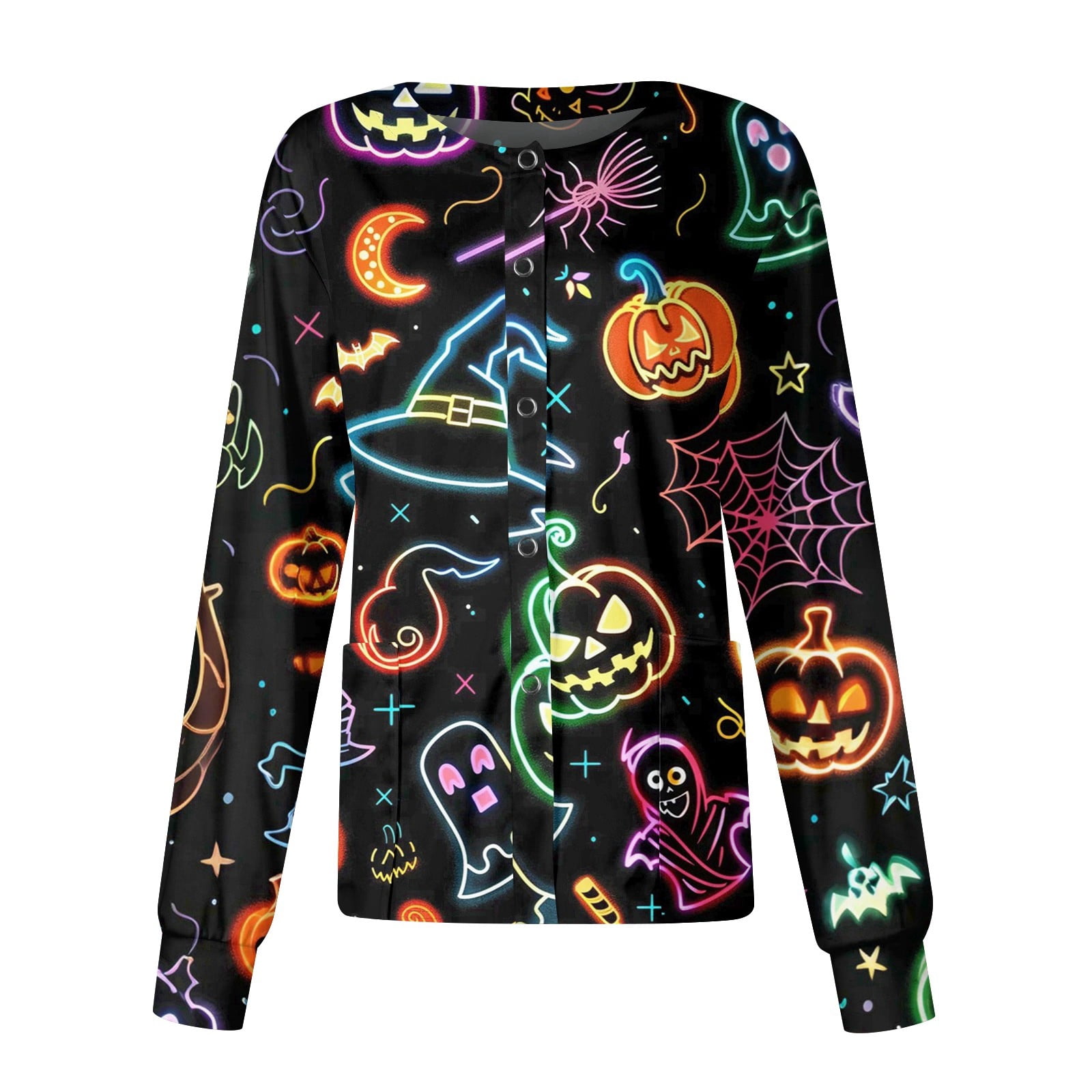 Homozy Halloween Scrub Jackets for Woman Snap Front Long Sleeve Scrub ...