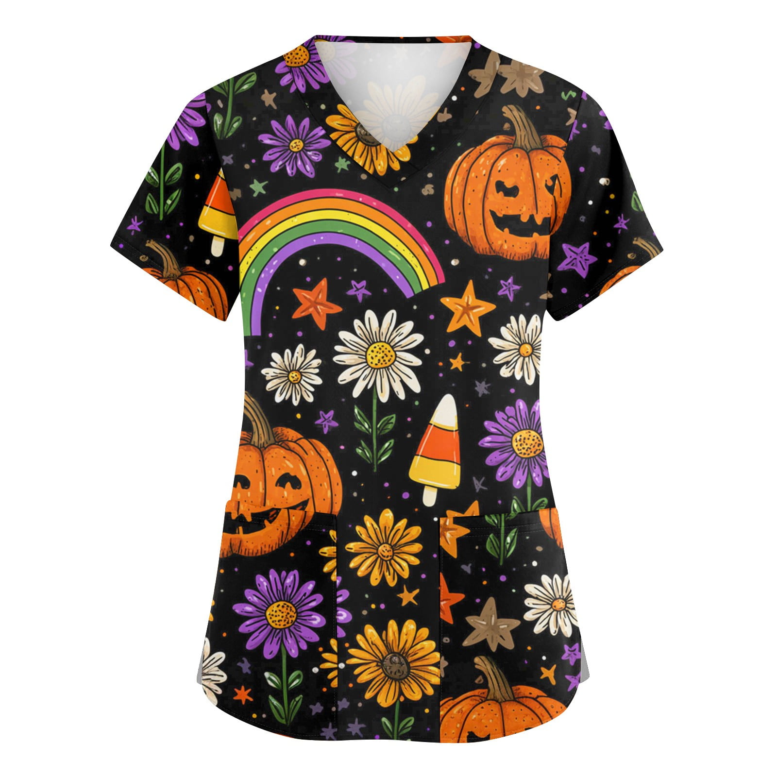 Homozy S-5xl Plus Size Womens Pumpkin Scrub Tops Halloween V Neck Short ...