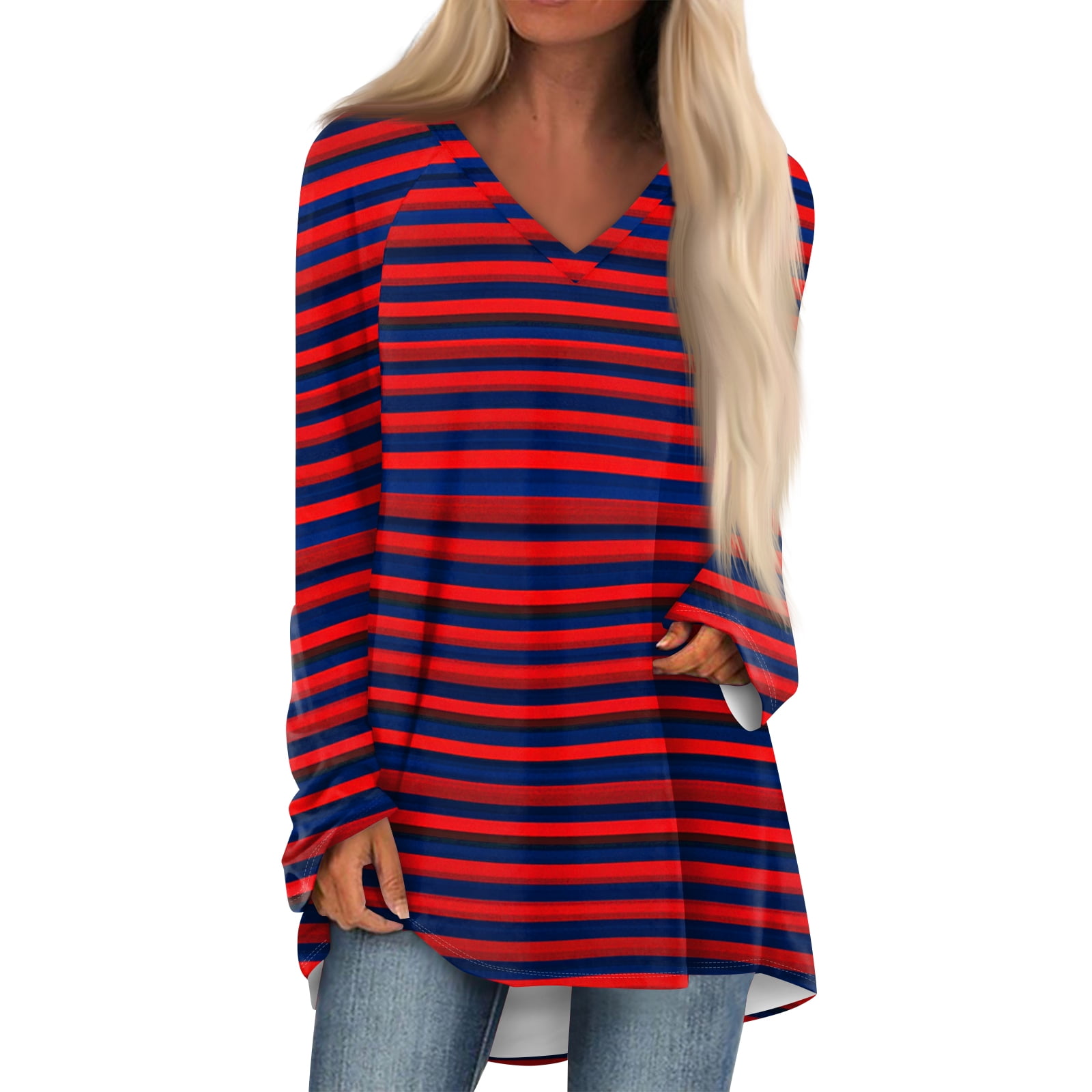 Homozy Striped Woman Long Sleeve Shirts Summer V Neck Womens Blouses ...