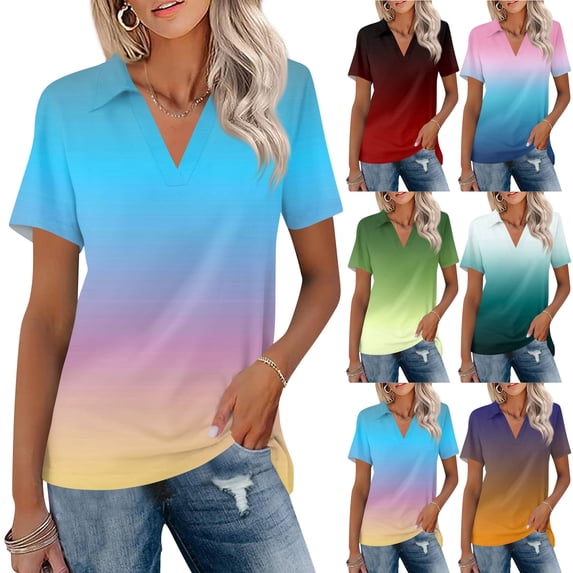 Homozy Tie-Dye Gradient Polo Shirts for Womens Summer V Neck Short ...