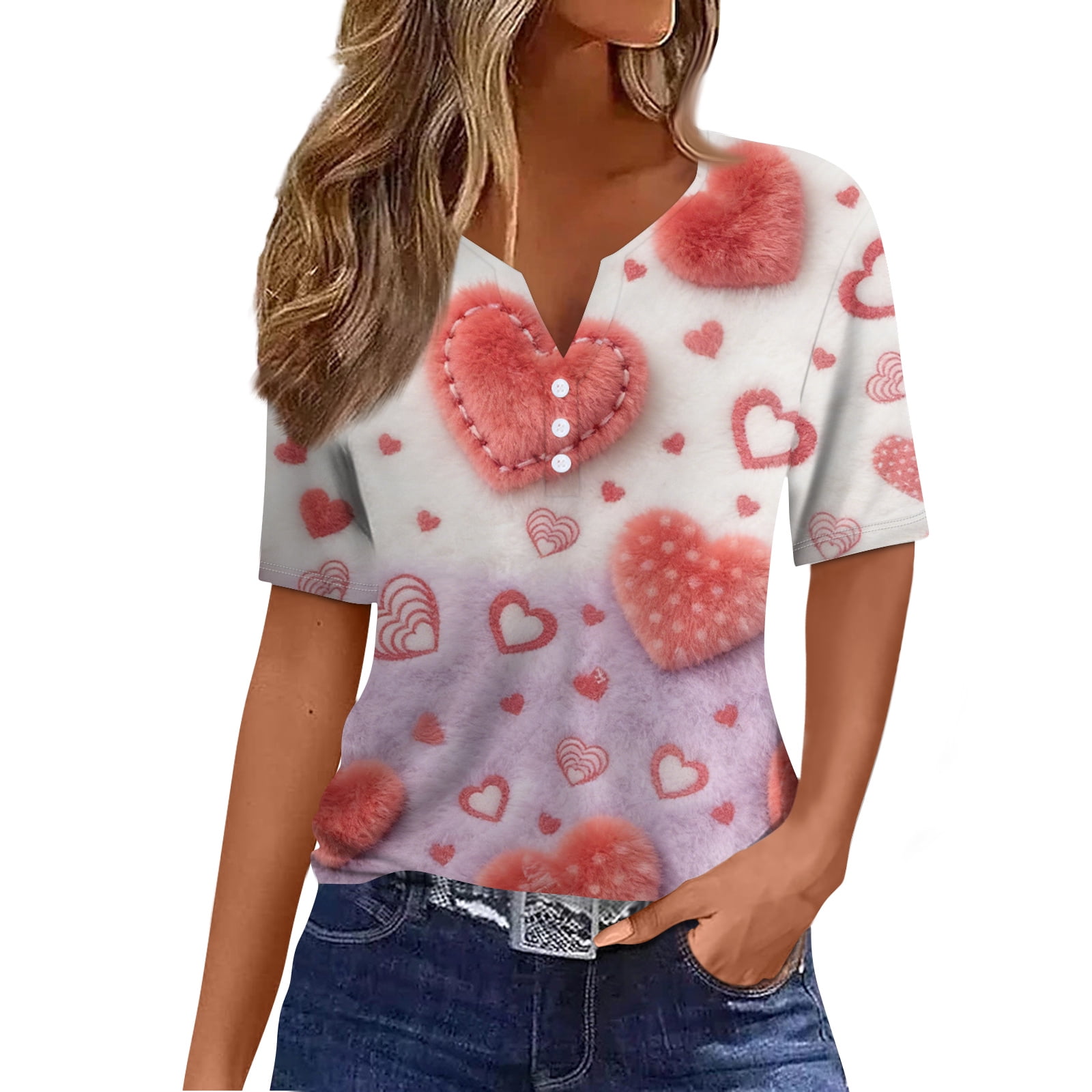 Homozy Valentines Day Womens Shirt Button Henley V Neck Short Sleeve ...