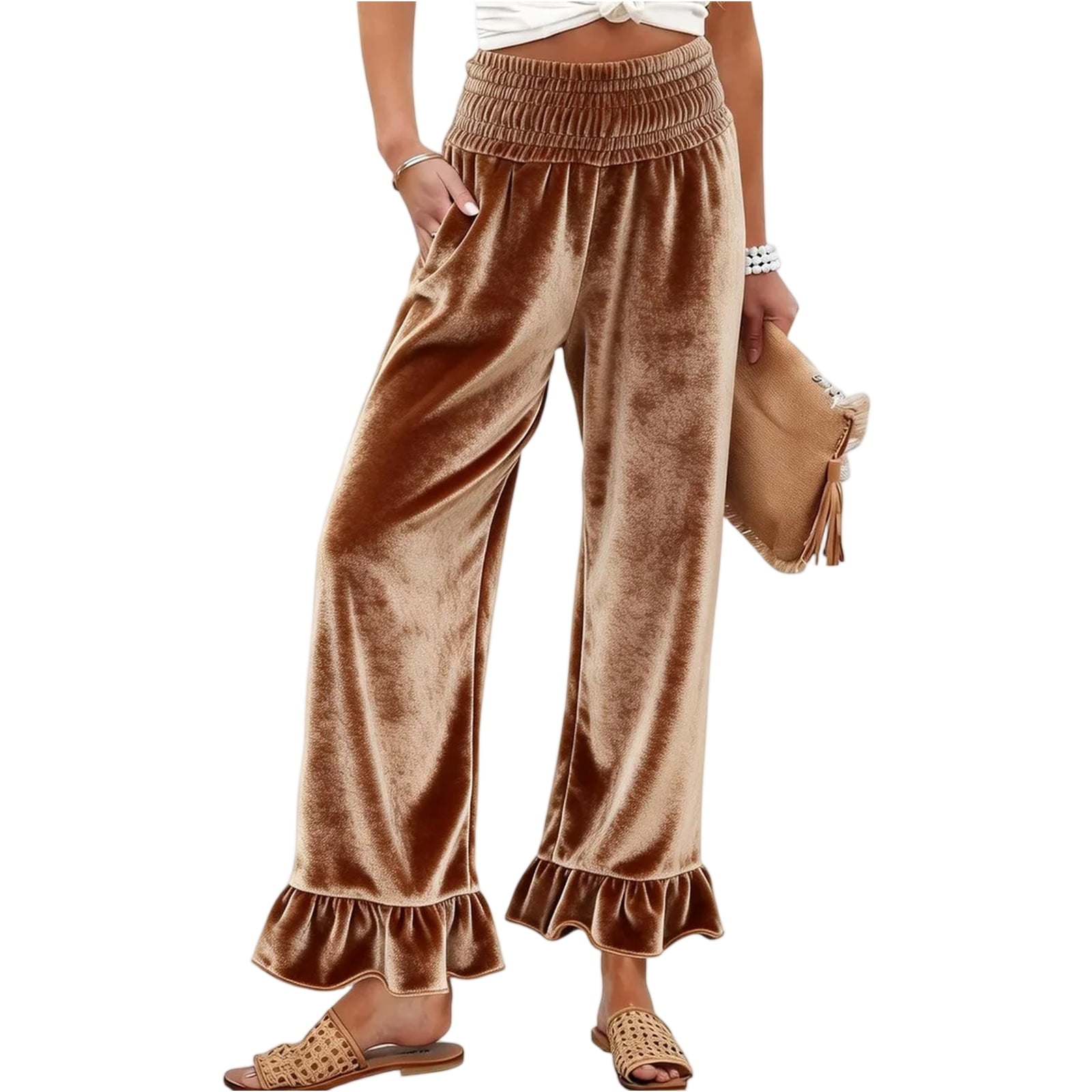 Homozy Wide Leg Velvet Pants for Women Smocked Elastic High Waisted ...