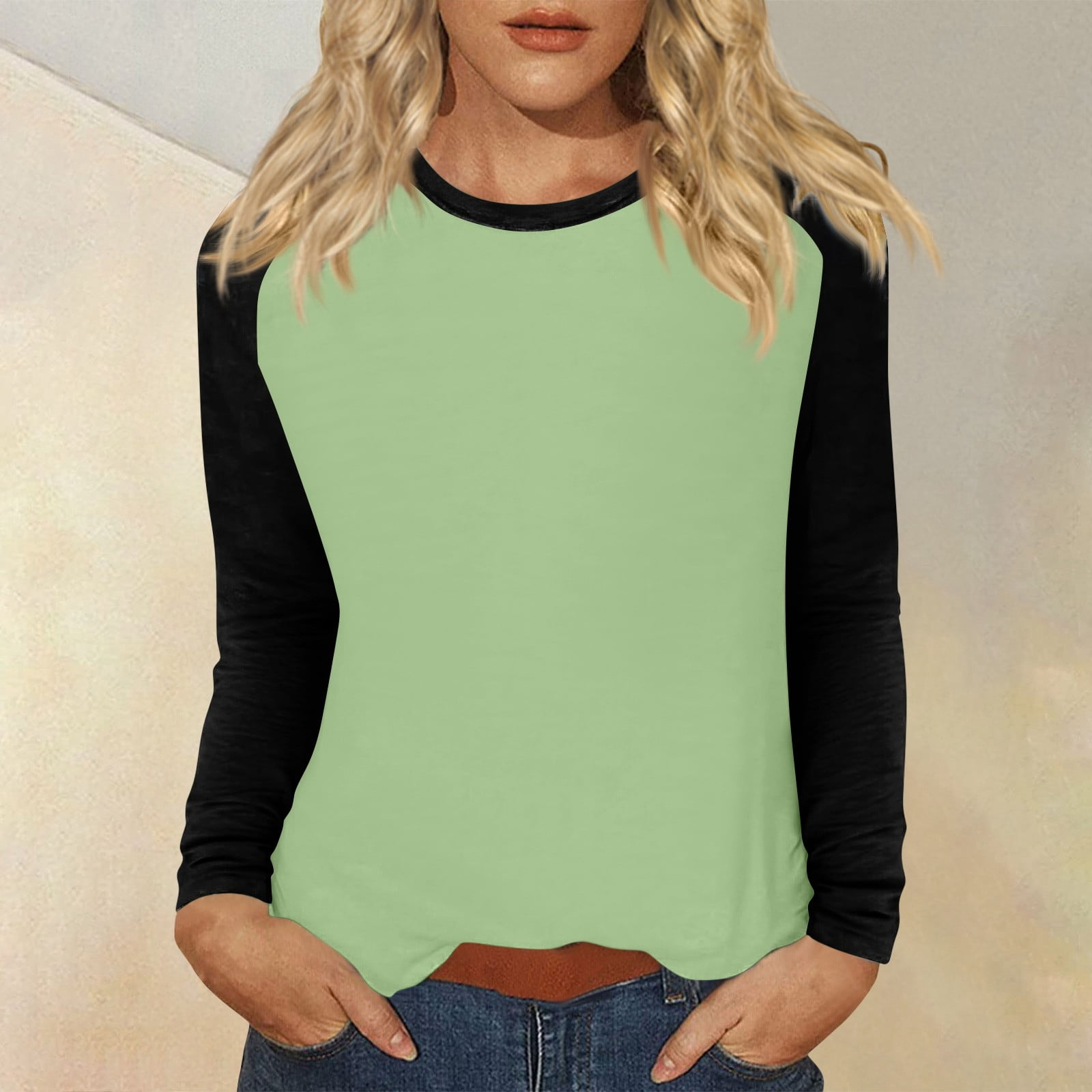 Homozy Women Long Sleeve Shirts Color Block Casual Crewneck Tops Tshirt ...