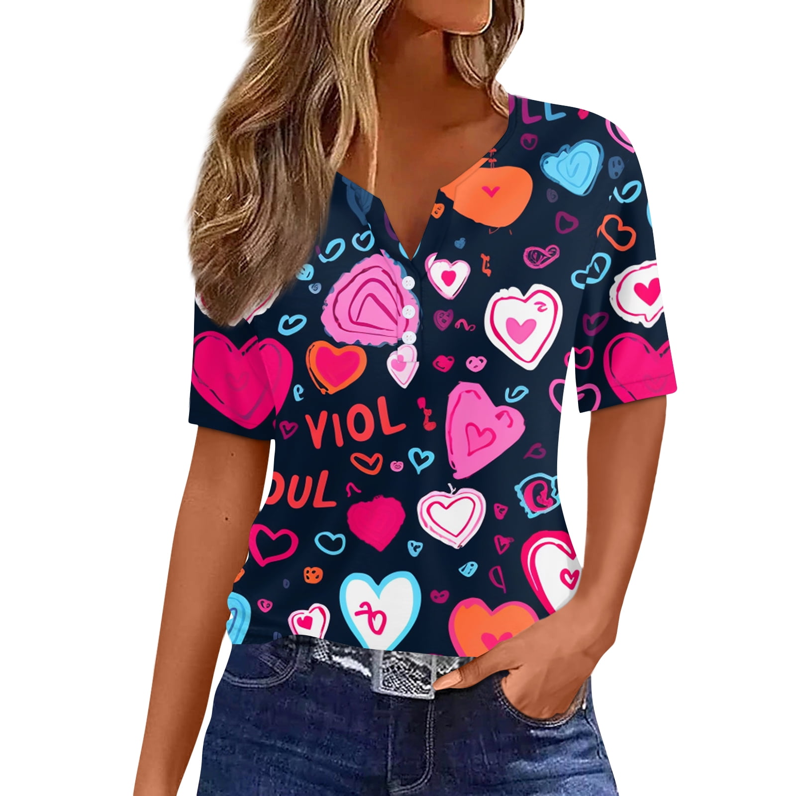 Homozy Womens Valentines Shirt Button Henley V Neck Short Sleeve Shirts ...