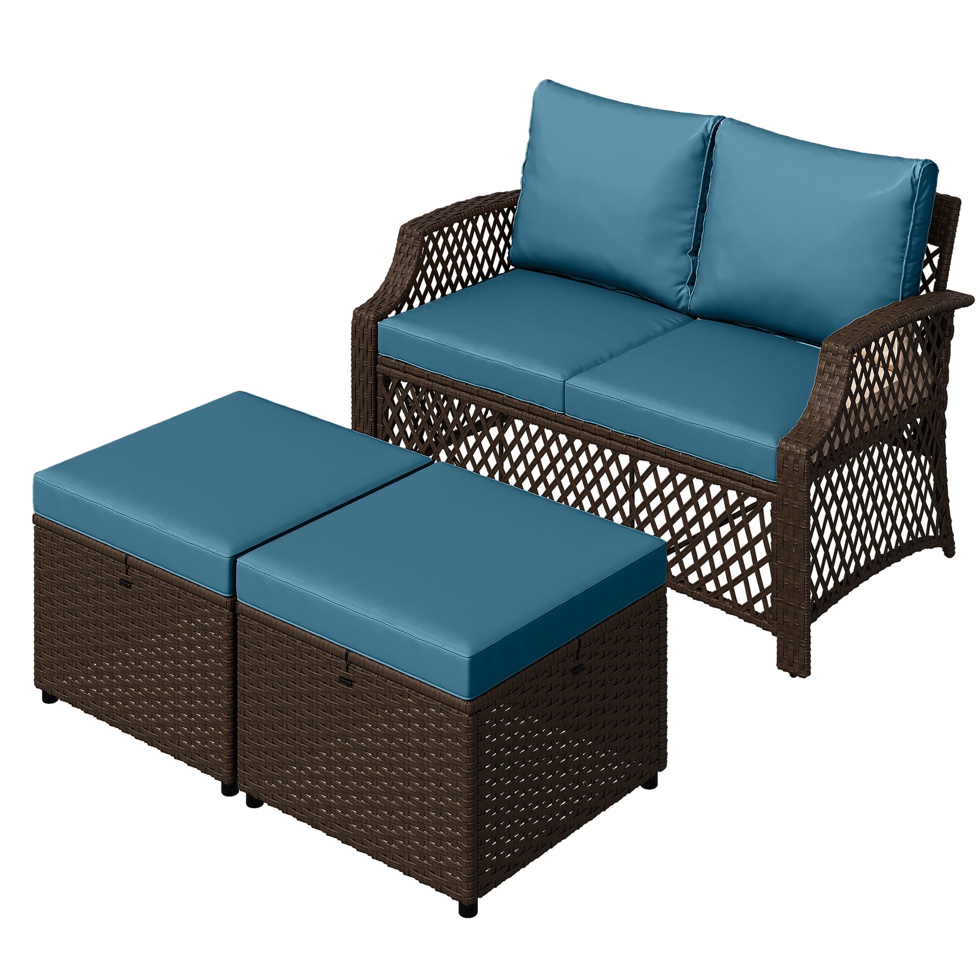 Homrest 3 Piece Patio Sofa,Outdoor Loveseat Couch w/ Ottoman & Cushions ...