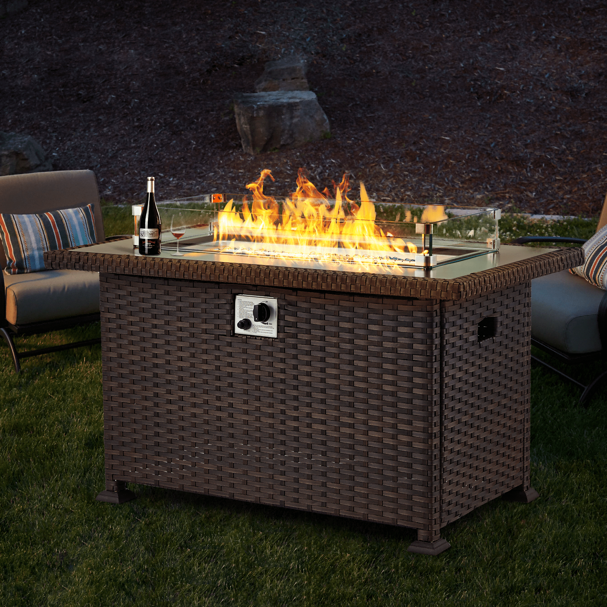 Homrest 44" Propane Fire Pit Table with Glass Wind Guard Dark Brown and ...