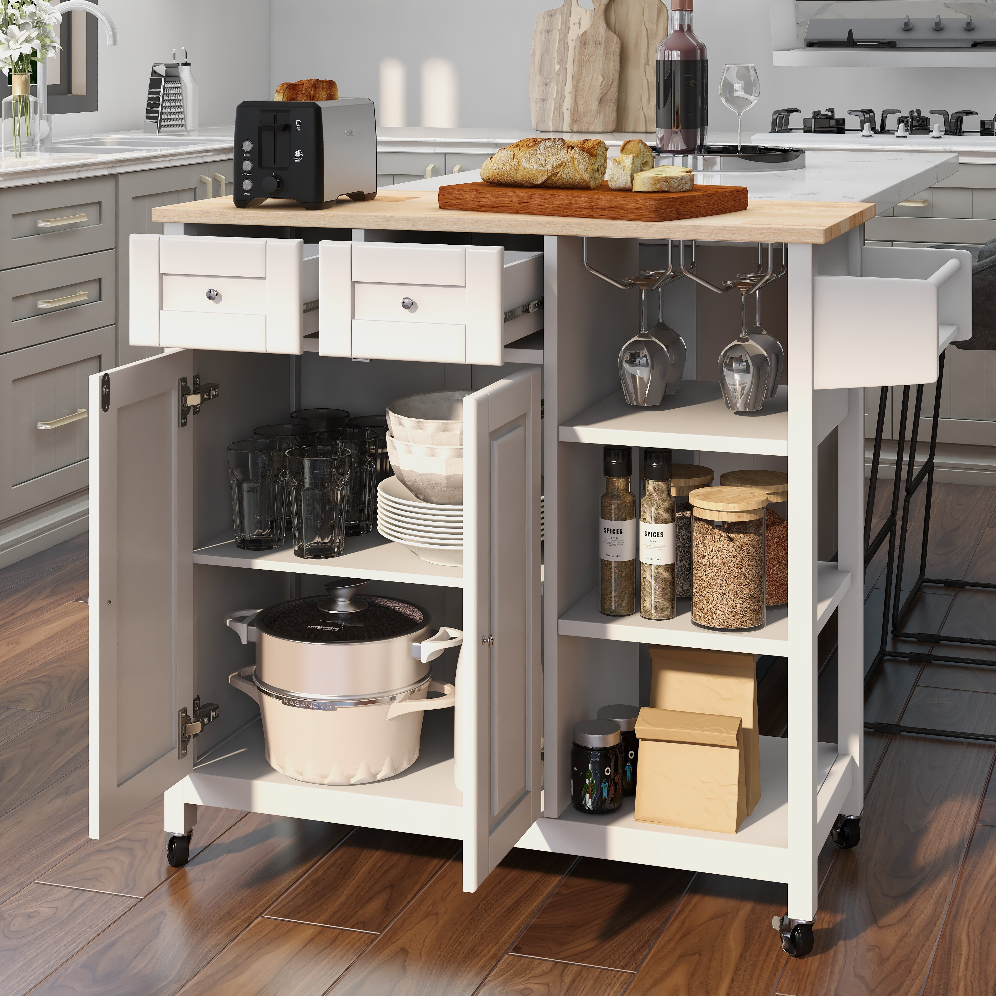 Homrest Mobile Kitchen Island with Microwave Space, Cabinet, Drawers ...