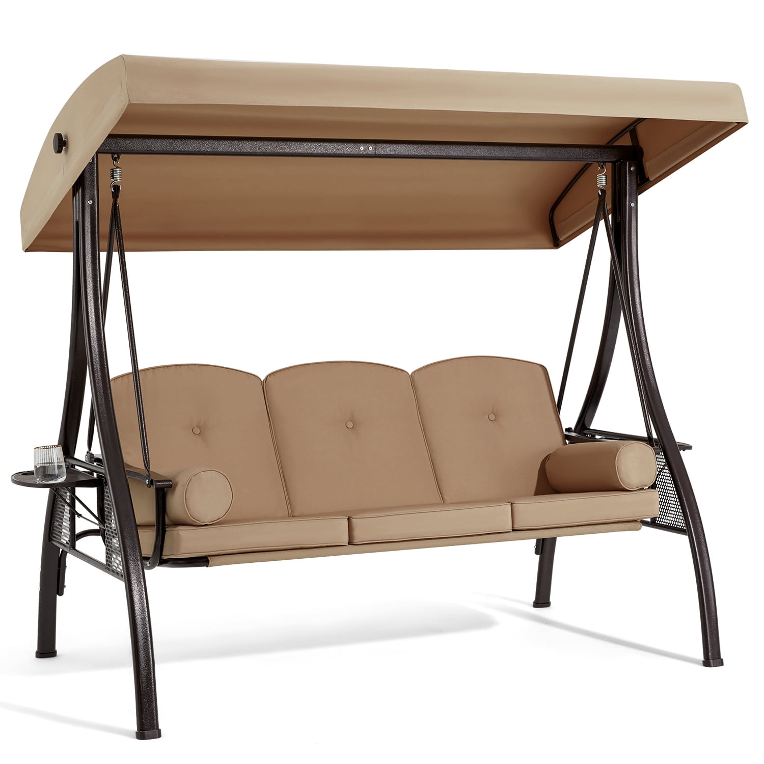 Homrest Outdoor Porch Swing with Canopy, Steel Frame, Brown Cushions ...