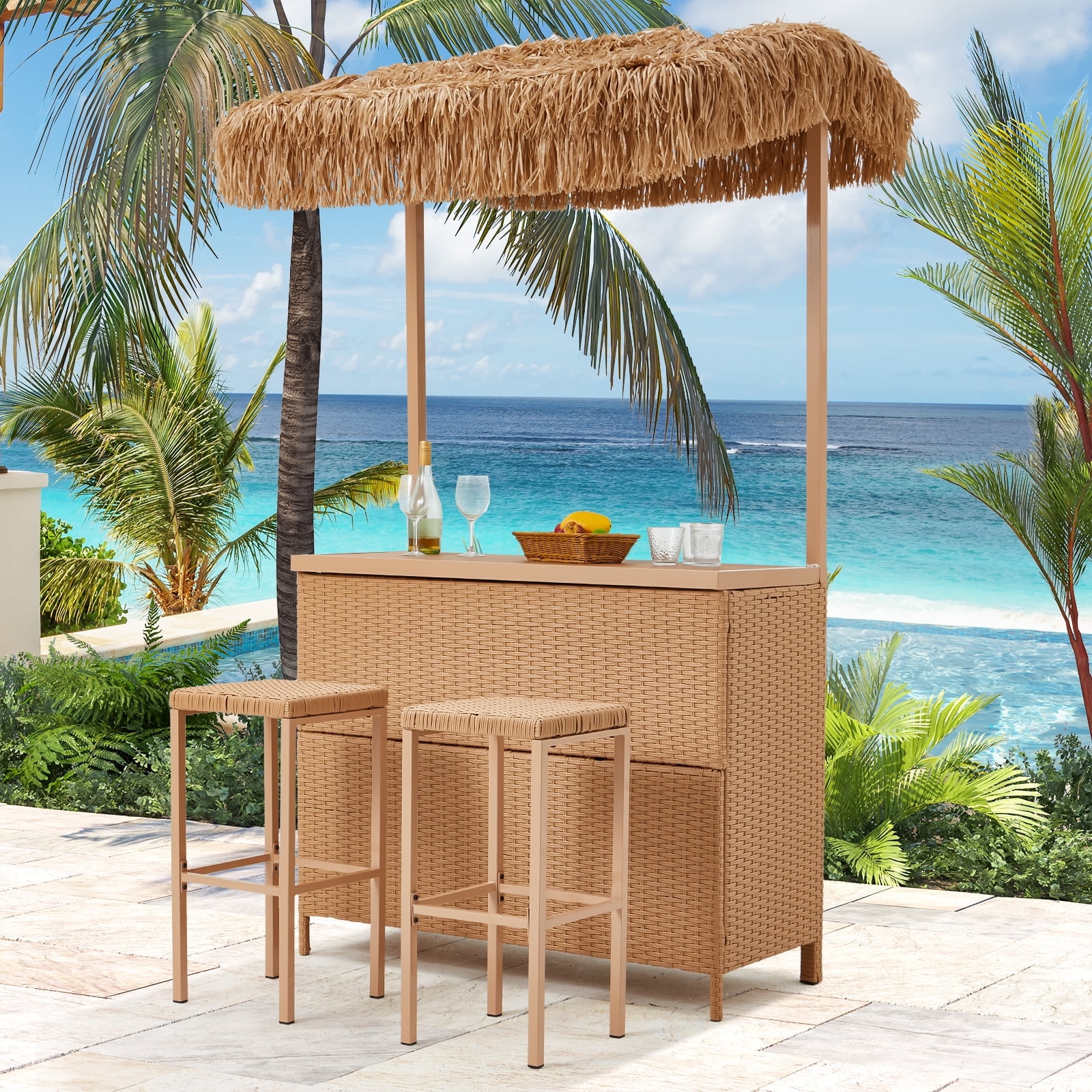 Homrest Outdoor Tiki Bar Set, 3 Pieces Wicker Patio Bar Set w/2 Height ...