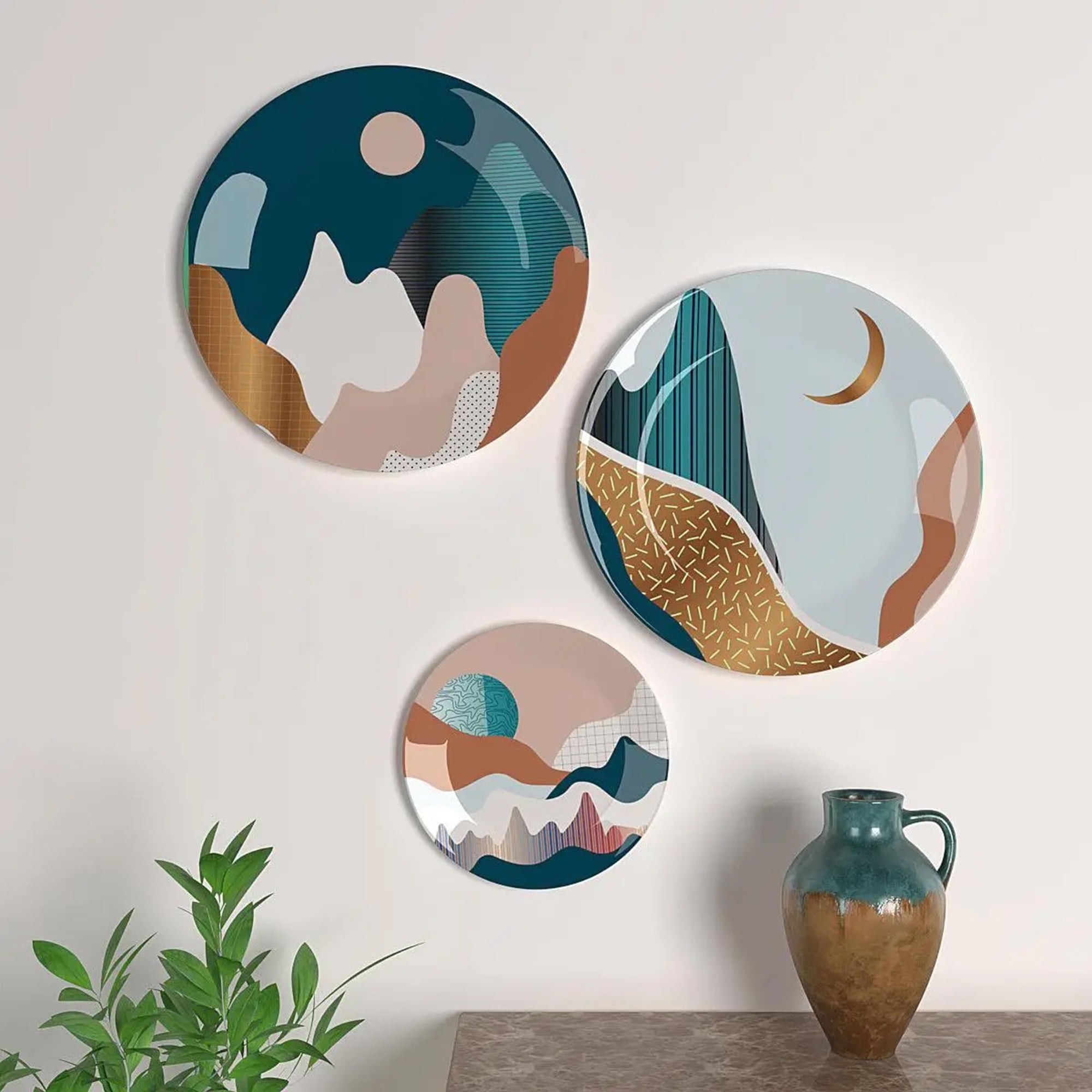 Homscape Ceramic Wall Decor Plates With Modern Art Design Round Shape ...