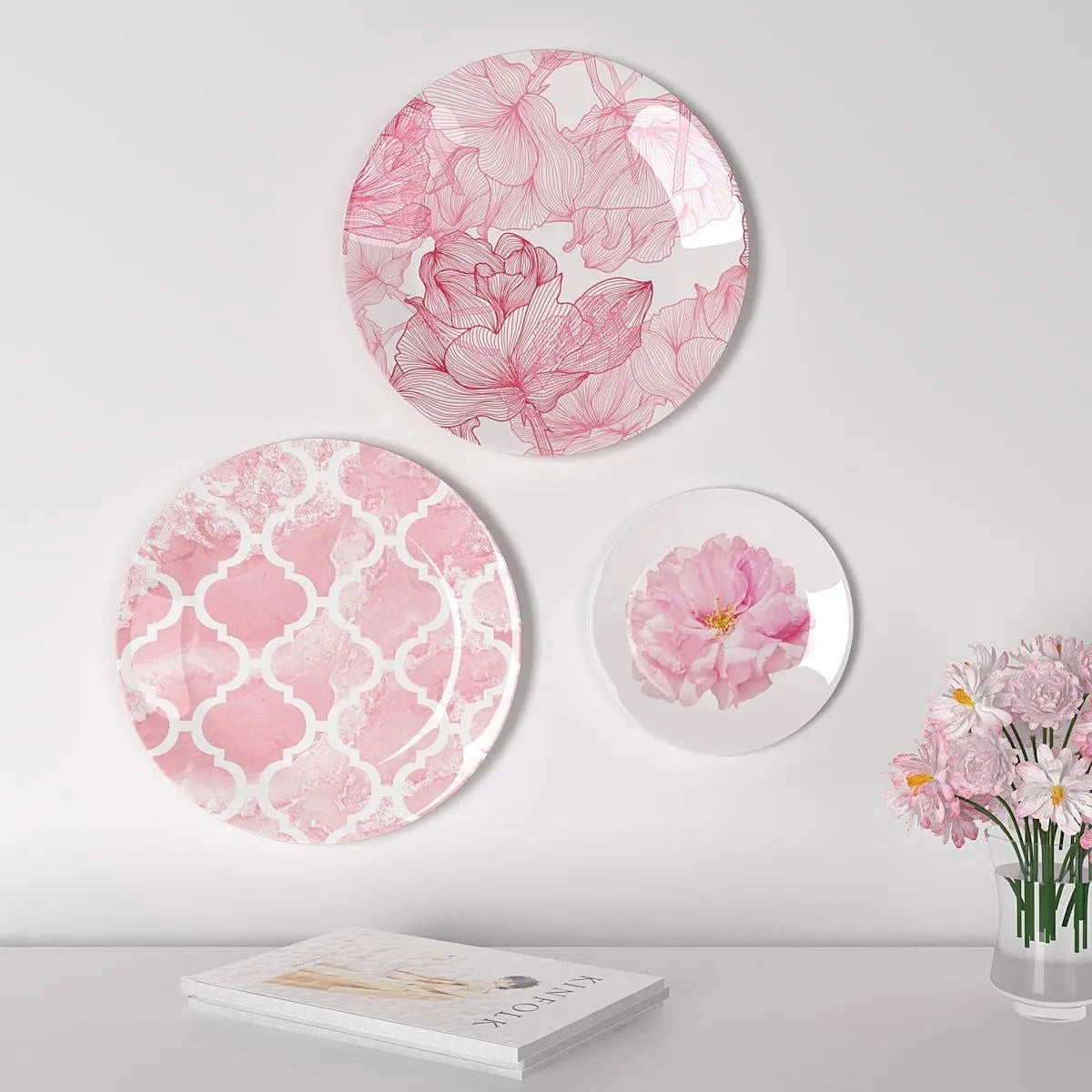 Homscape Decorative Wall Decor Plates In Pink Abstract Floral Design ...