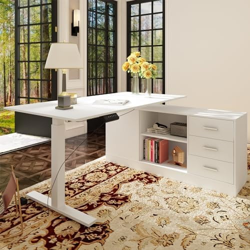 Homsee Home Office L Shaped Electric Standing Desk with Drawers and ...