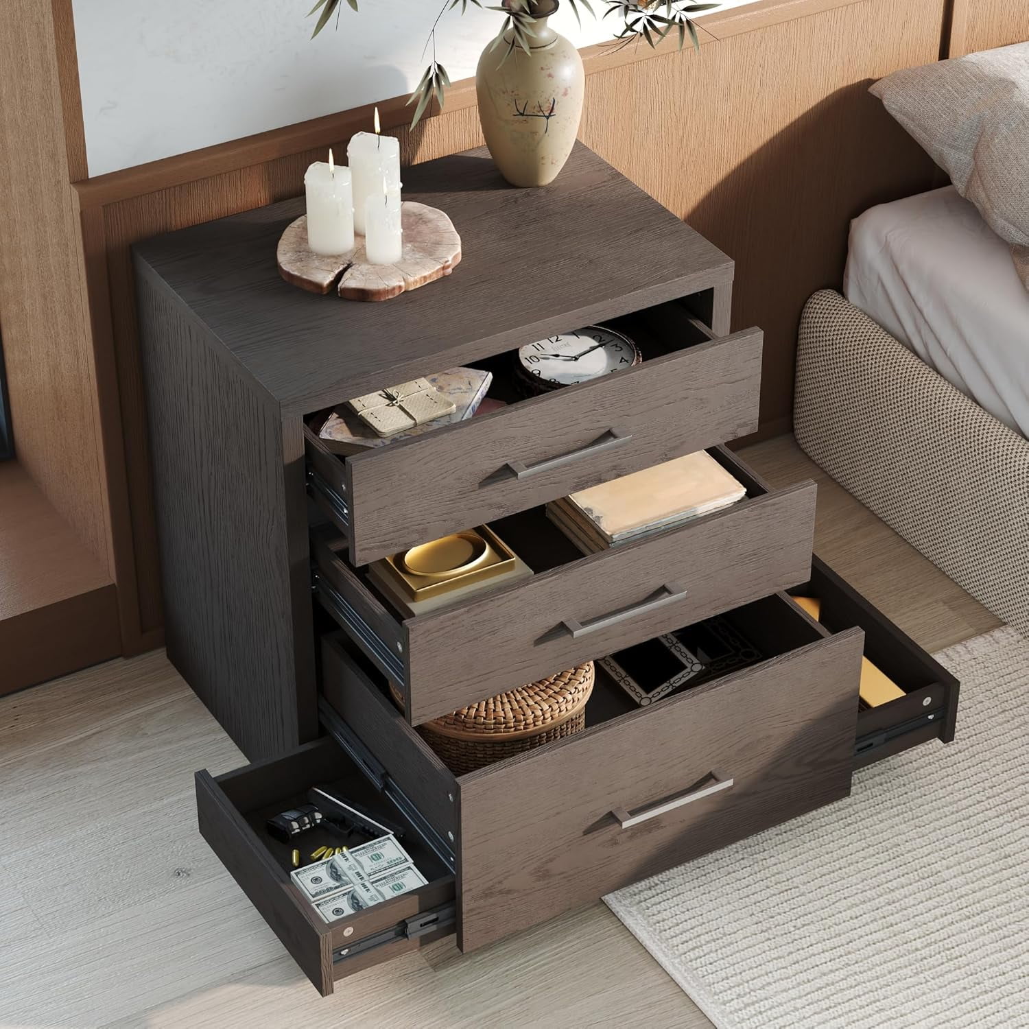 Homsee Nightstand with 5 Drawers, Small Narrow Bedside Table with ...