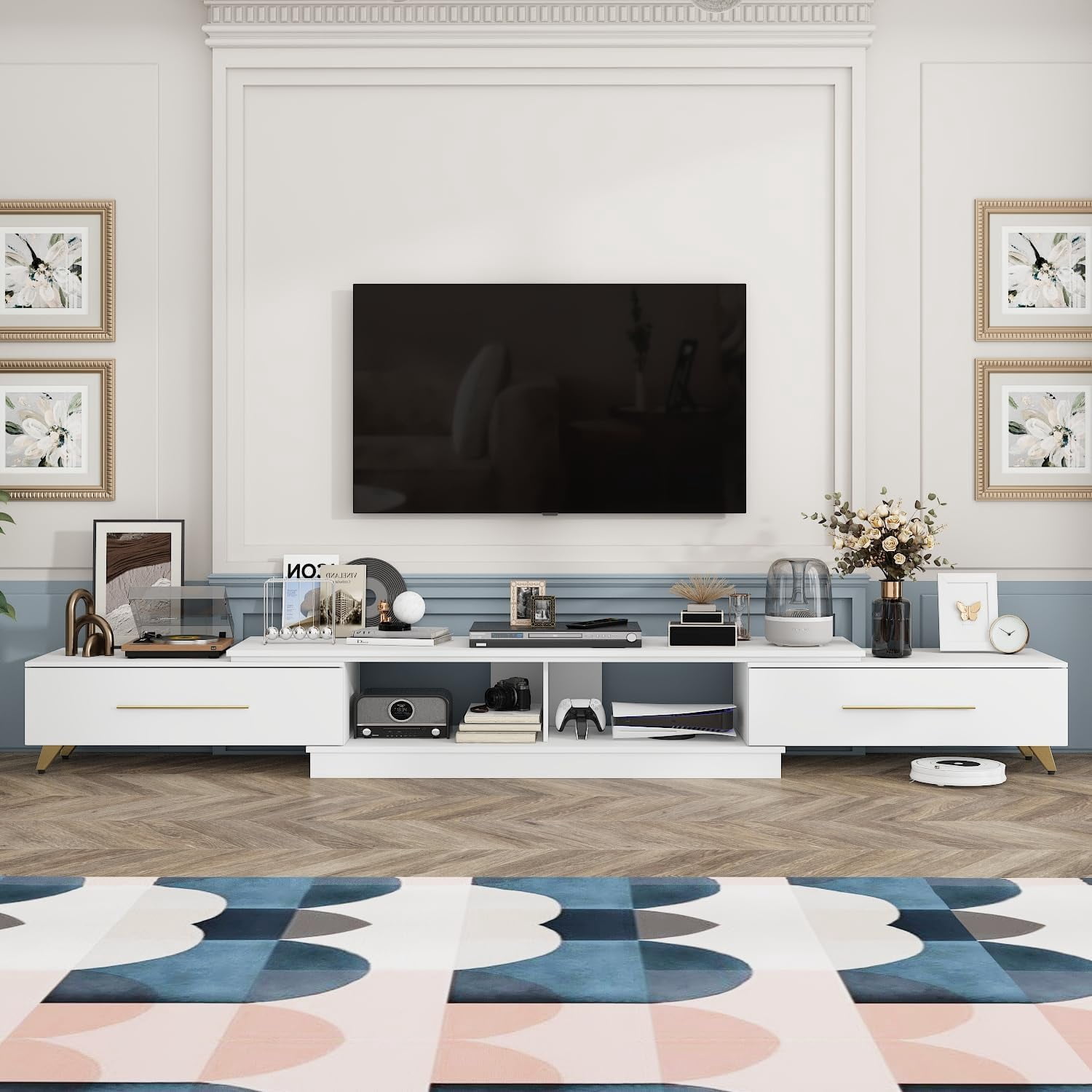 Homsee White Extendable TV Stand for TVs up to 85 Inches, Modern Long ...