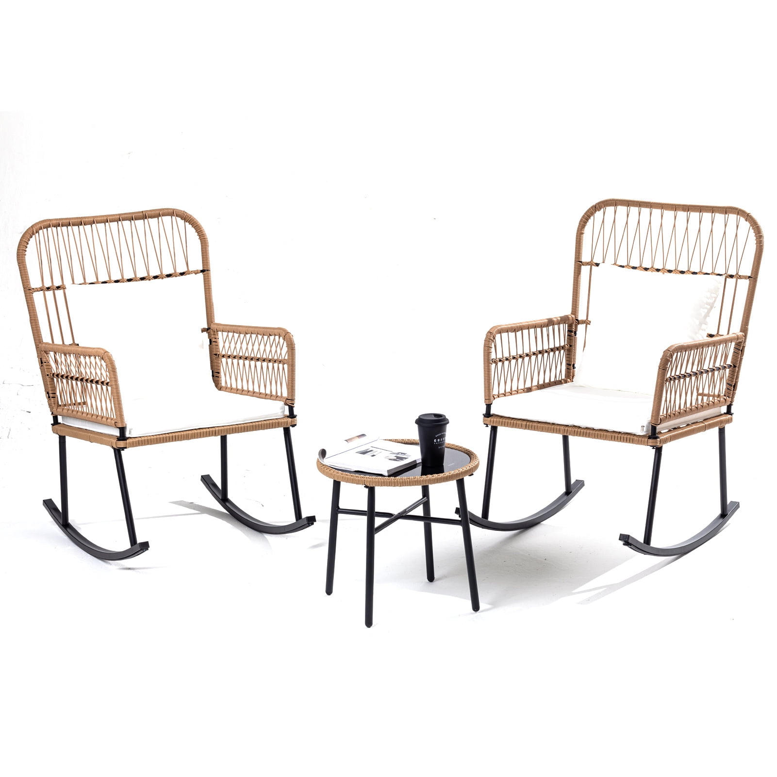 Homsido 3-Pcs Beige Patio Rocking Chairs Set, Wicker Porch Rockers with ...