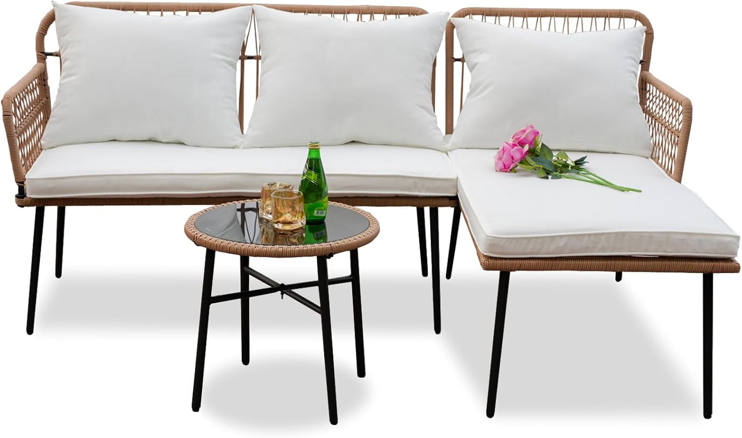 Homsido Outdoor L-Shaped Patio Chairs Set, Boho Woven Blcony Furniture ...