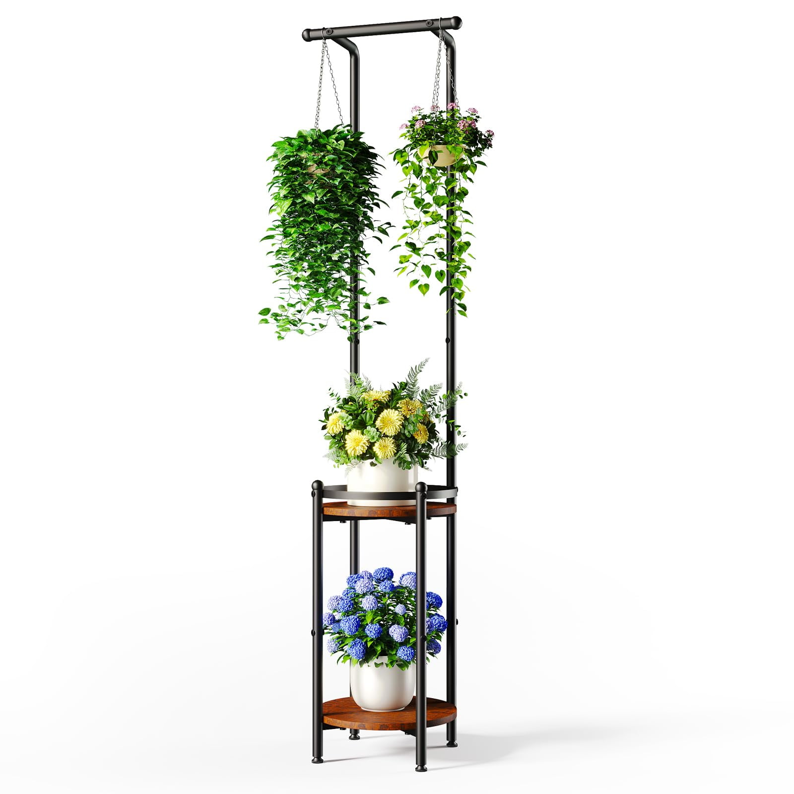 Homsorout Plant Stand Indoor Outdoor - Heavy Duty Metal 2-tier Hanging Plant Holder Space-Saving ...