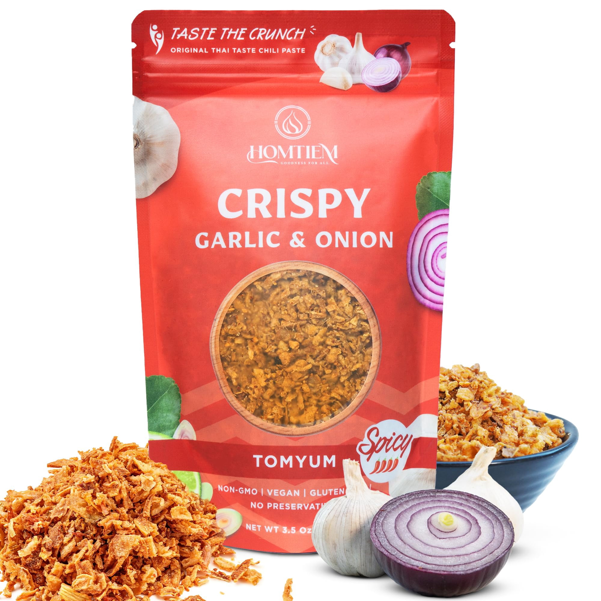 Homtiem Crispy Garlic FEV6 & Onion : Tomyum 3.5 Oz., Spicy, Versatile ...