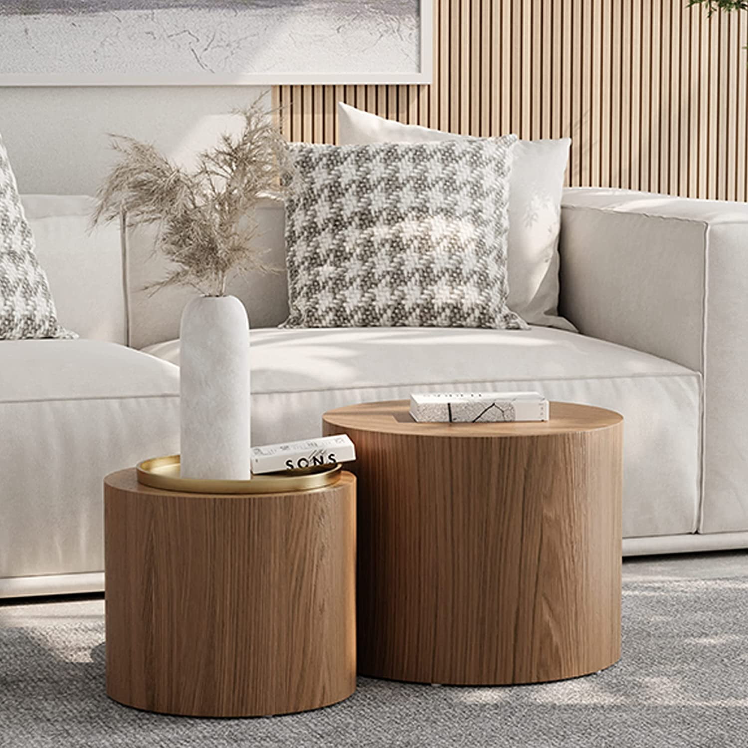 Homtique Nesting Coffee Table Set of 2 Modern Circle Wood Side Table ...