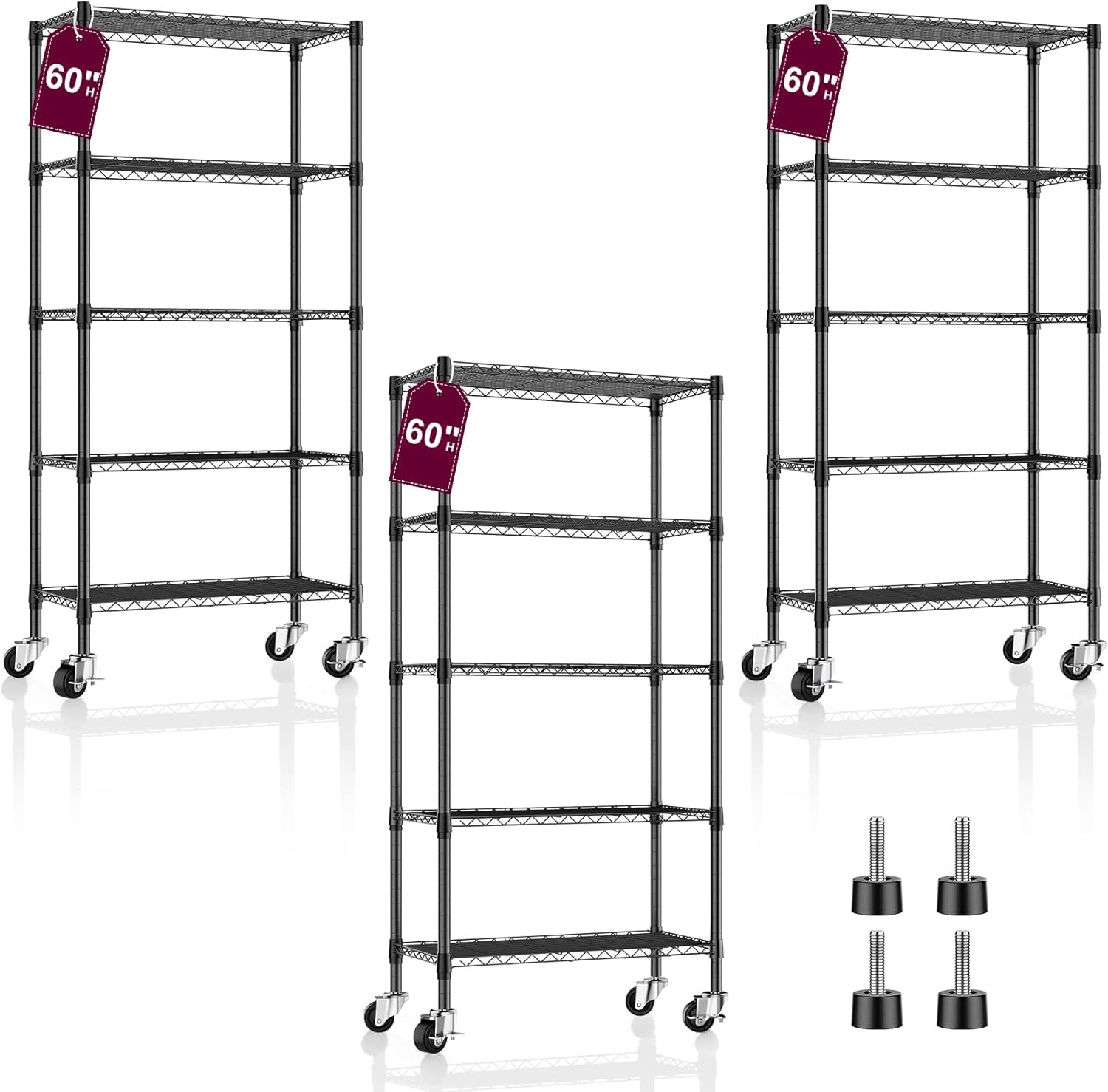 Homtura 3 Pack 5-Tier Metal Wire Shelving Unit with Wheels & Feet, 14 ...