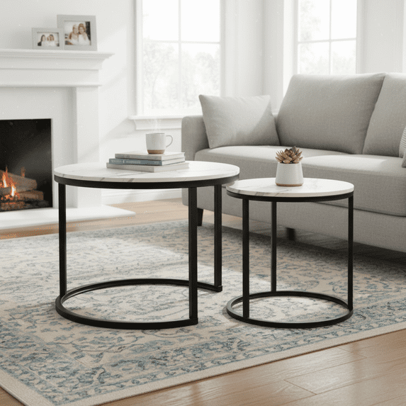 Homy Casa 2-Piece Nesting Coffee Table Set, Round Marble Pattern MDF ...