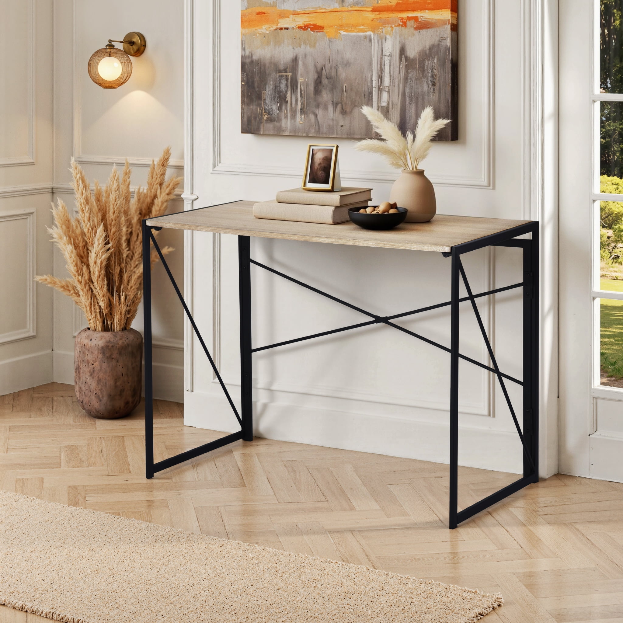 Homy Casa 39.4" Folding Table, Light Wood Tabletop with Metal Frame for ...