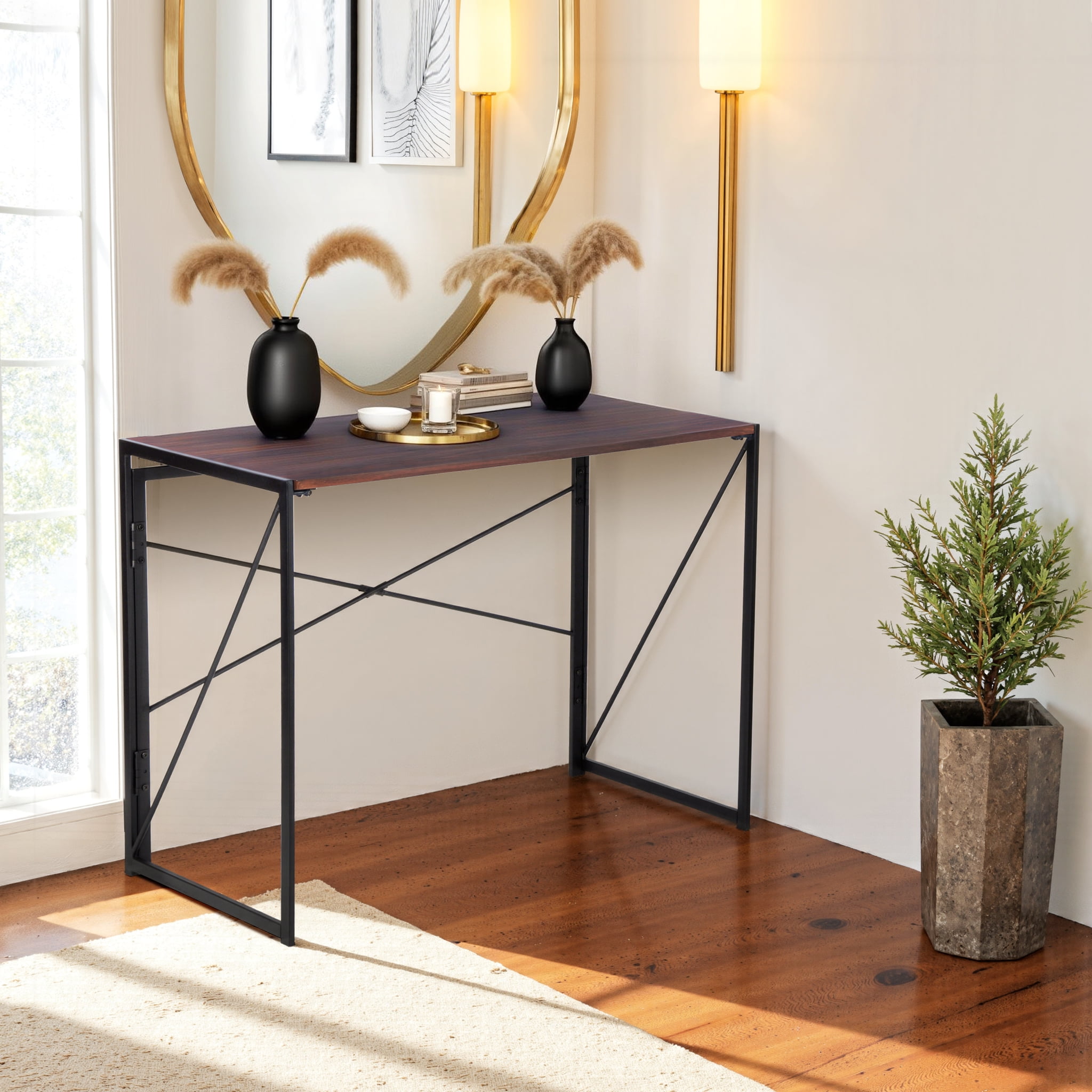 Homy Casa 39.4" Folding Table, Dark Walnut Wood Tabletop with Black ...
