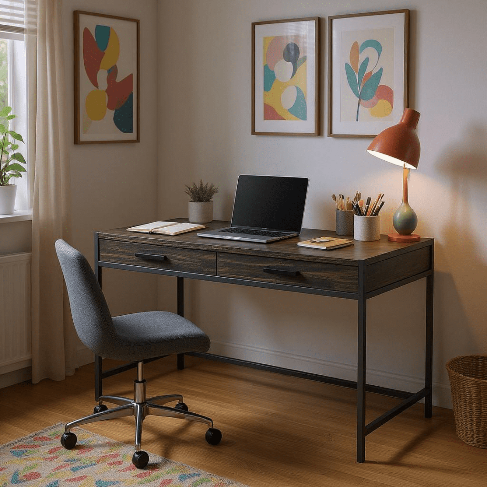 Homy Casa 47.6" Writing Desk with Drawers, Rustic Wood Desktop Home ...