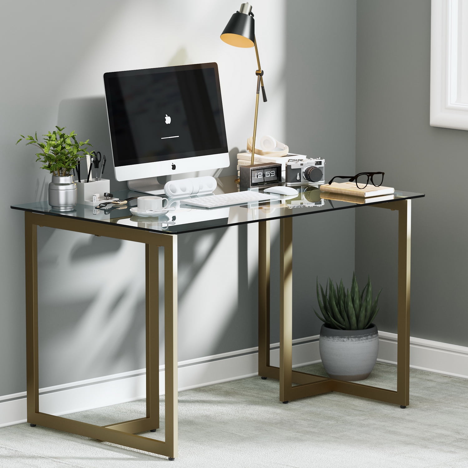 Homy Casa 55.1 inch Writing Desk with Tempered Glass Top Computer Desk ...