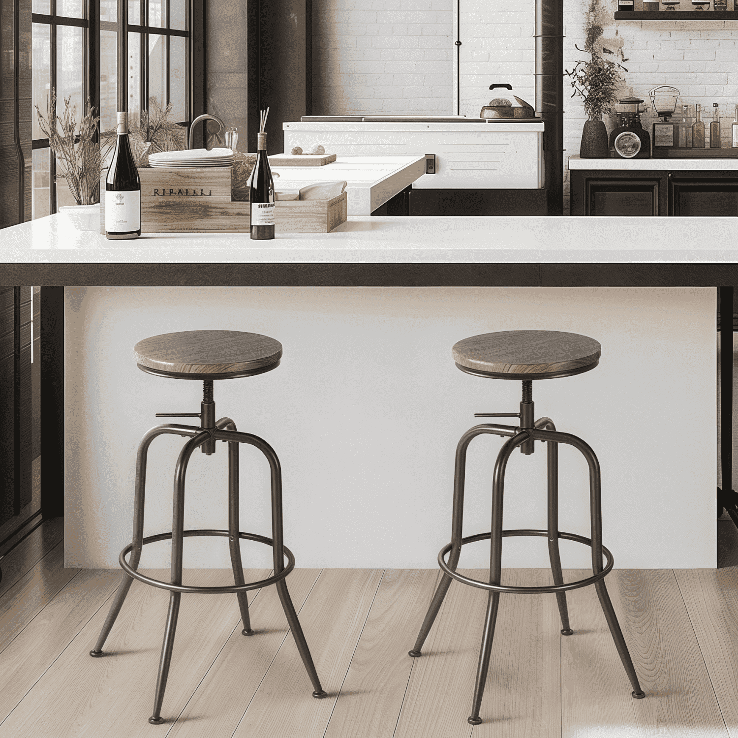 Homy Casa Set of 2 Adjustable Bar Stools, Vintage Swivel, Wood Metal ...
