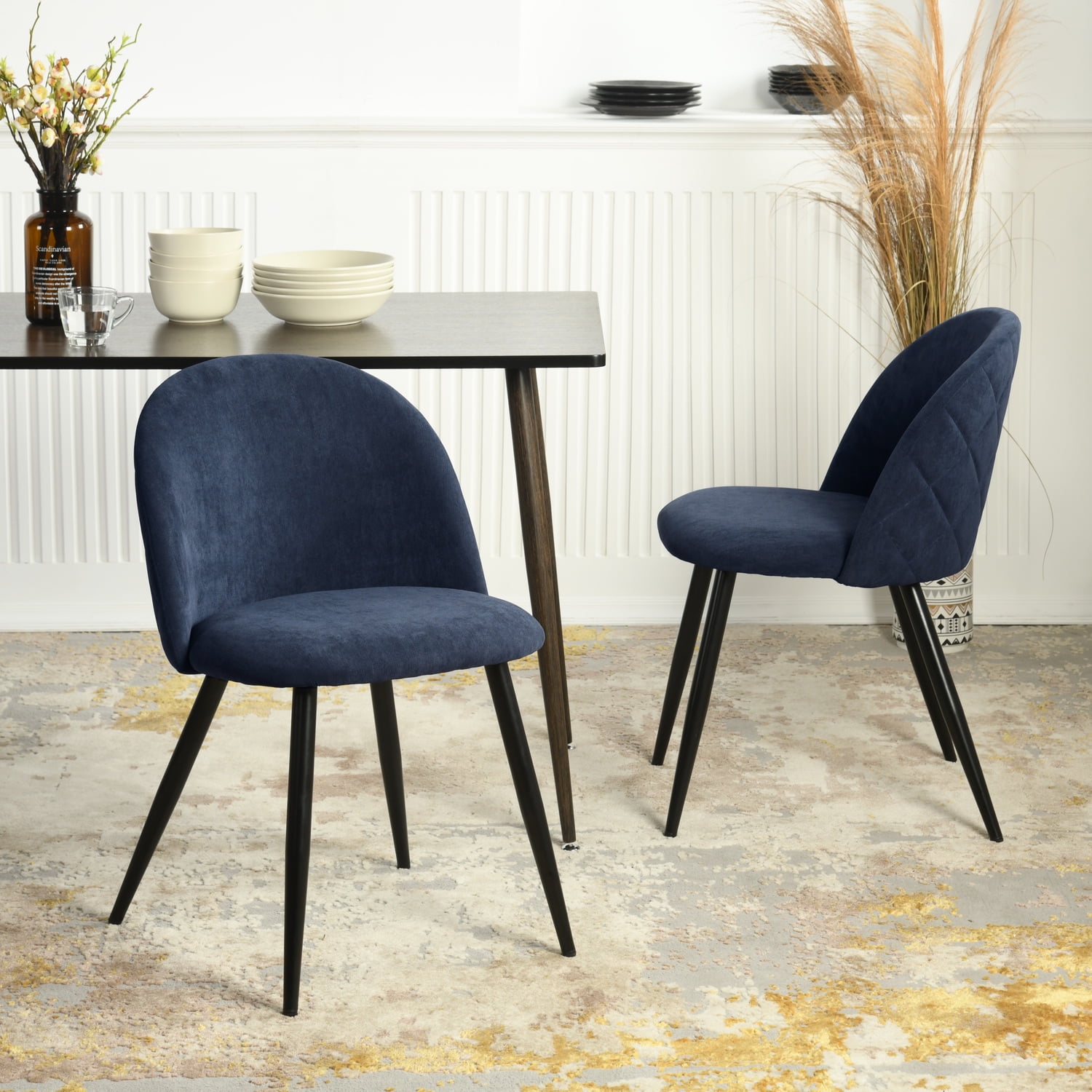 Homy Casa Set of 2 Blue Fabric Dining Chairs, Mid Century Modern Design ...