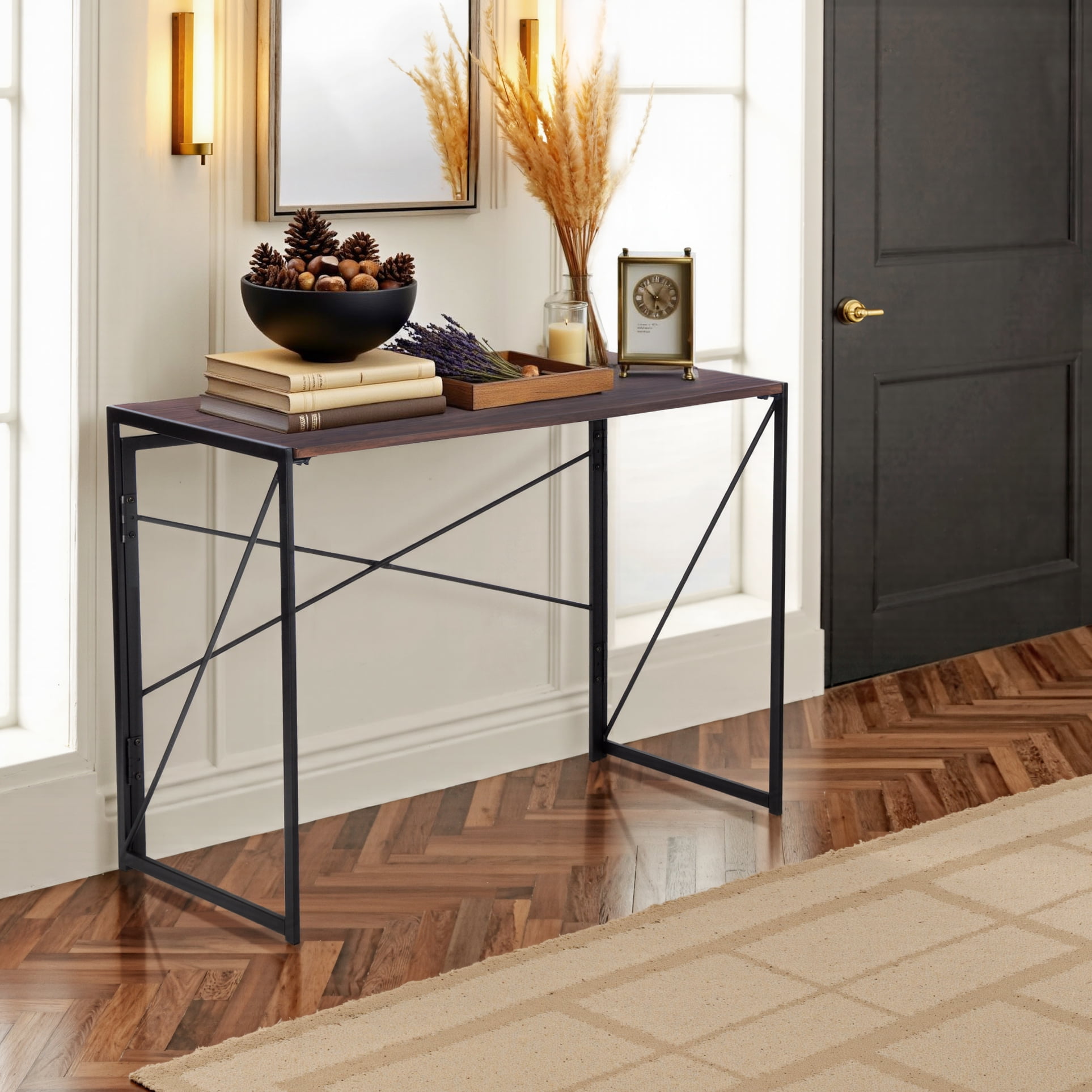 Homy Casa Folding End Table with Dark Walnut Top, 39.4" Utility Table ...