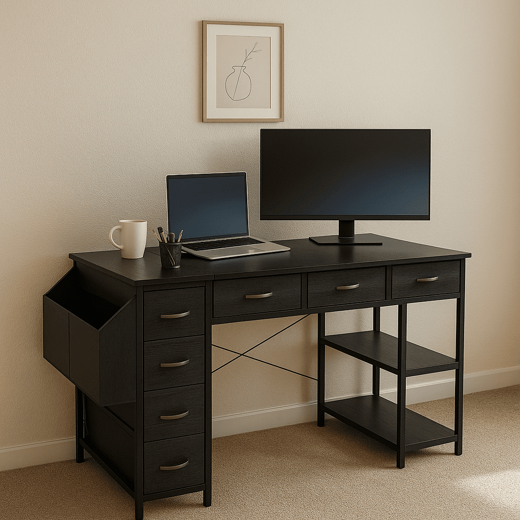 Homy Casa Home Office Desk with Drawers and Shelves, Reversible ...